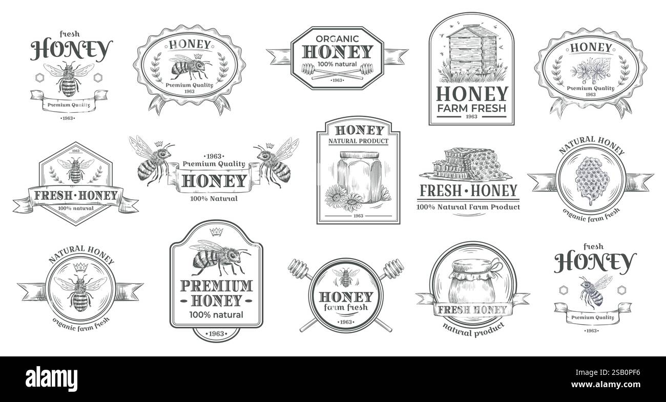 Collection of vintage, hand drawn honey, bee, and beehive emblems ...