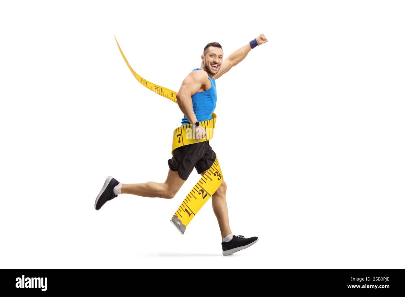 Young man running with a measure tape around his body, weight loss ...