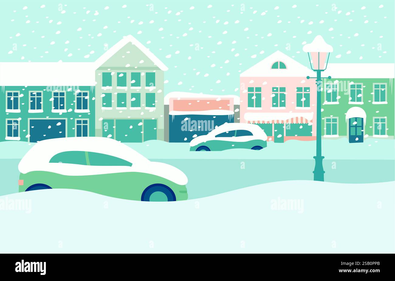 City buildings covered with snow after heavy blizzard. Parked cars on ...