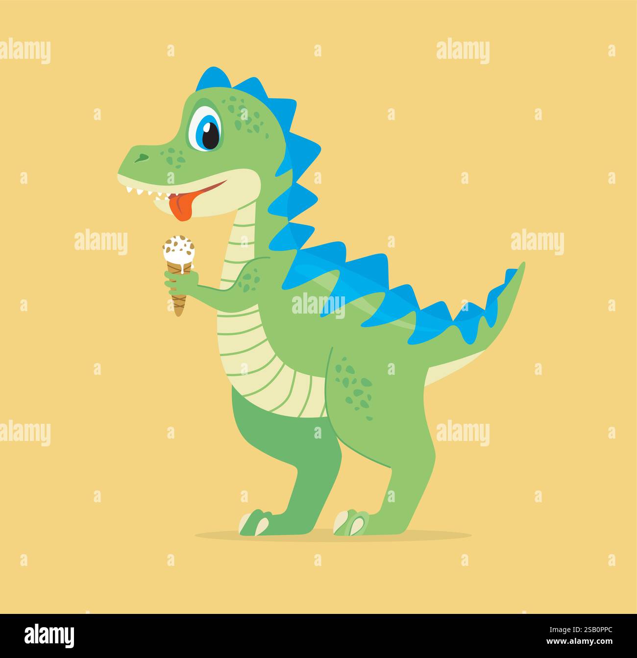 Cute dinosaur character eating ice cream. Flat vector illustration on ...