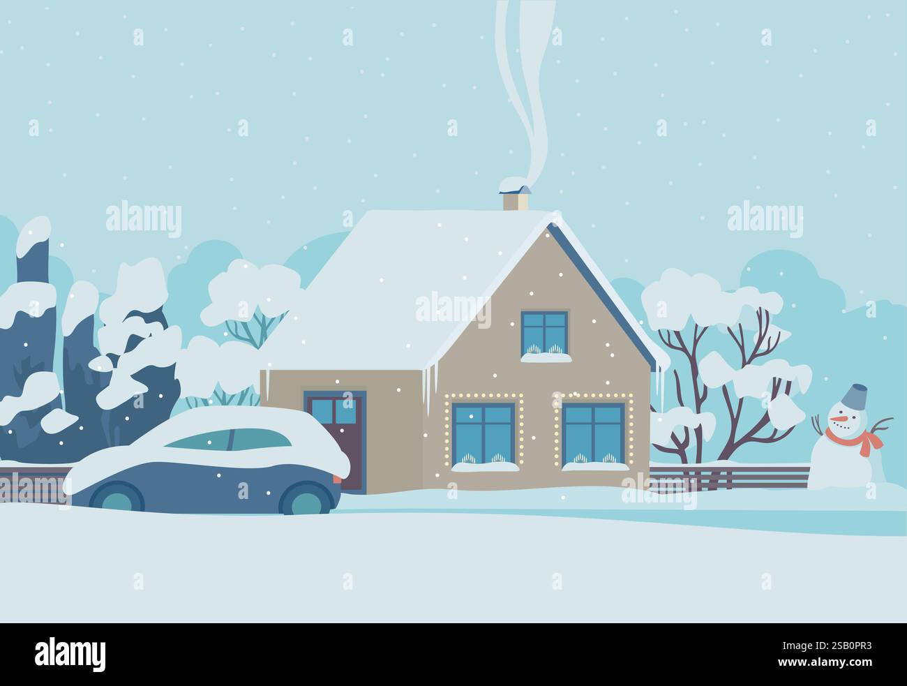 Simple village house covered with snow. Winter season. Flat vector ...