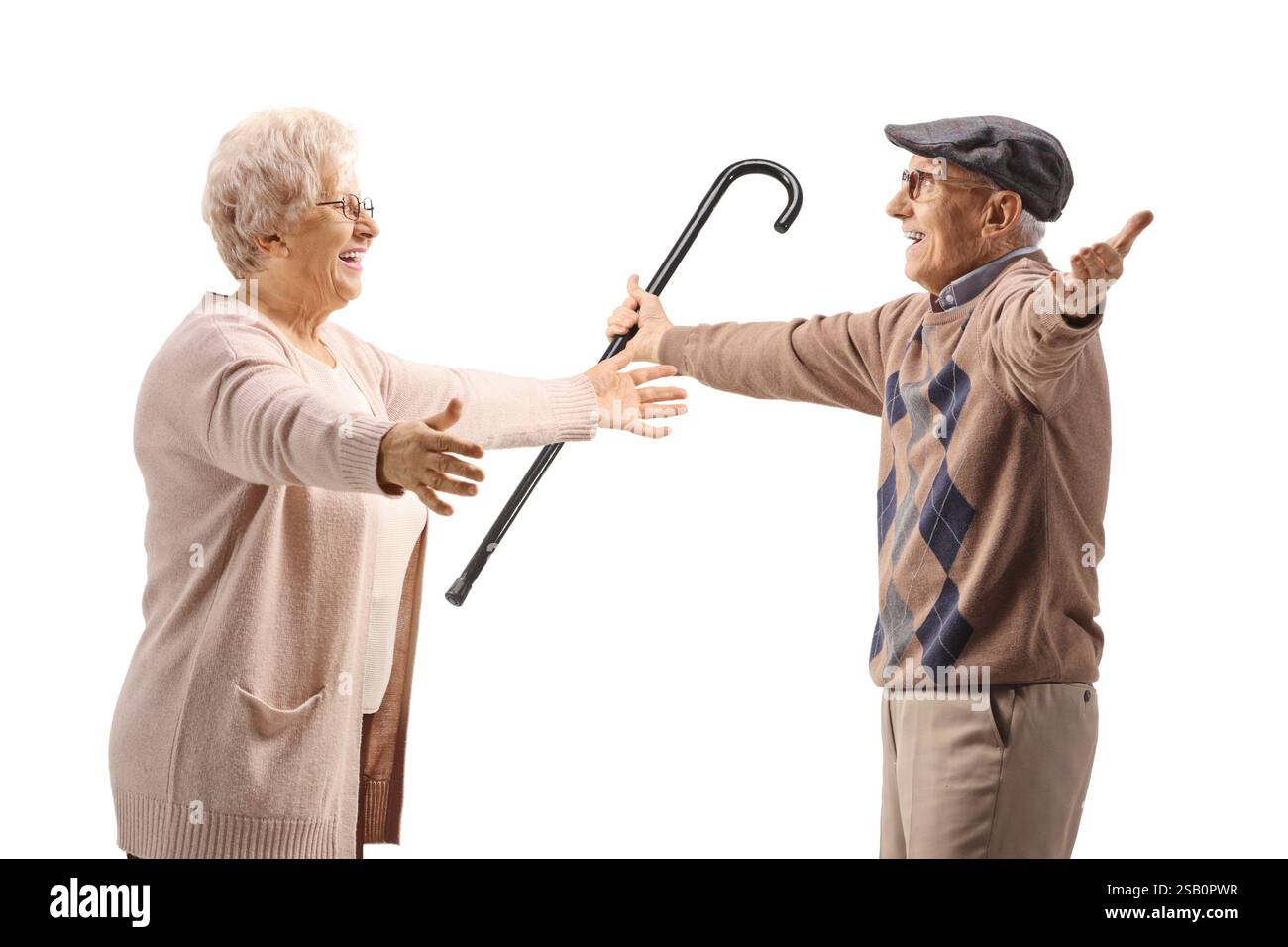 Elderly man and woman with arms wide open for a hug isolated on white ...