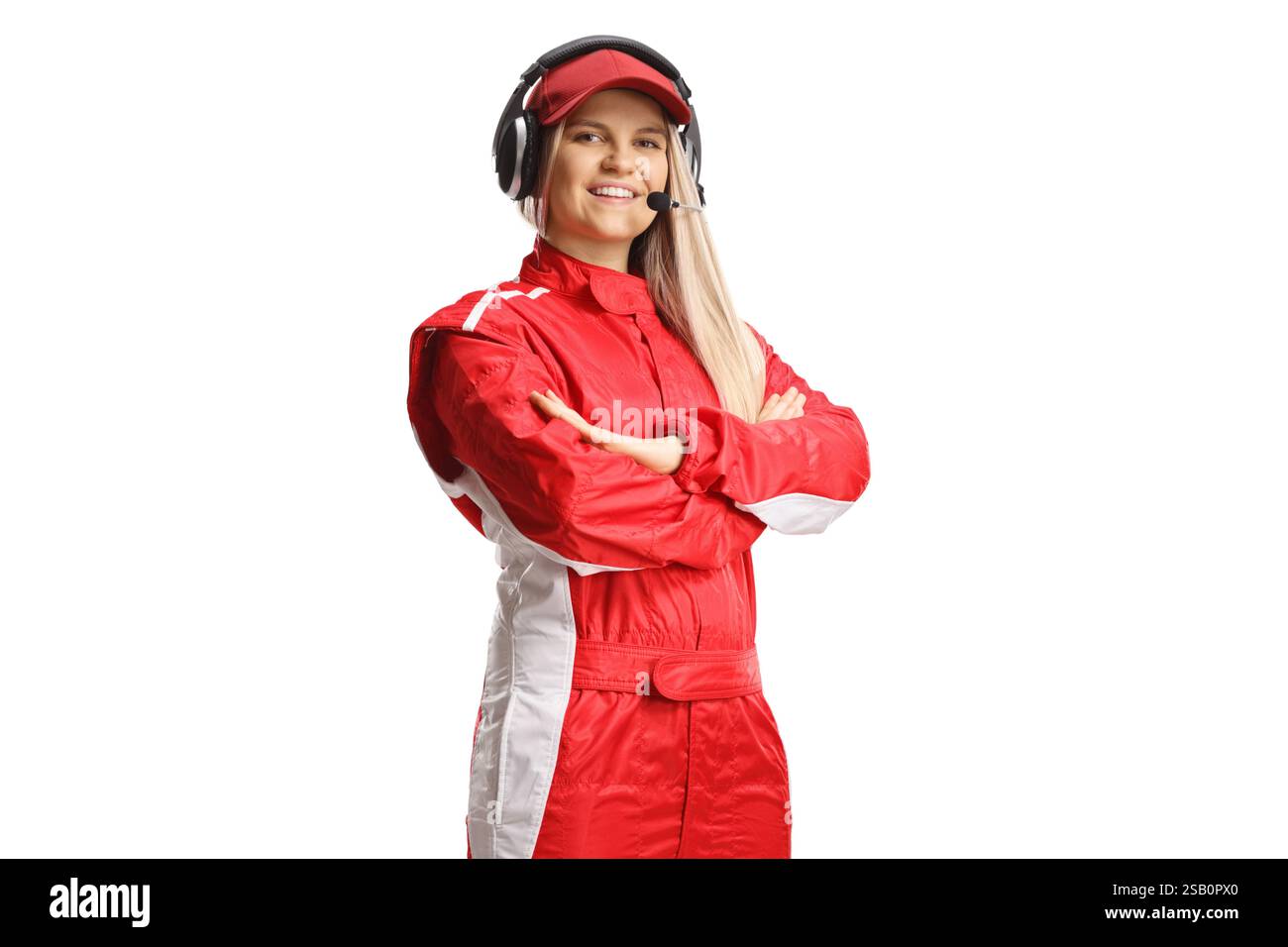 Female race team member in a red suit isolated on white background ...