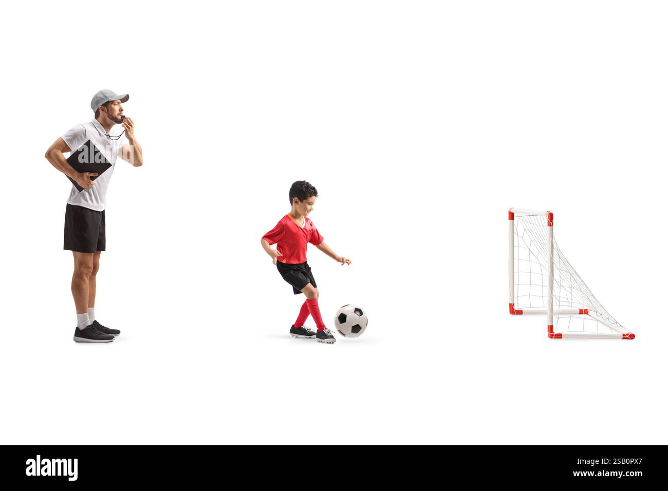 Football coach blowing a whistle and training a boy isolated on white ...
