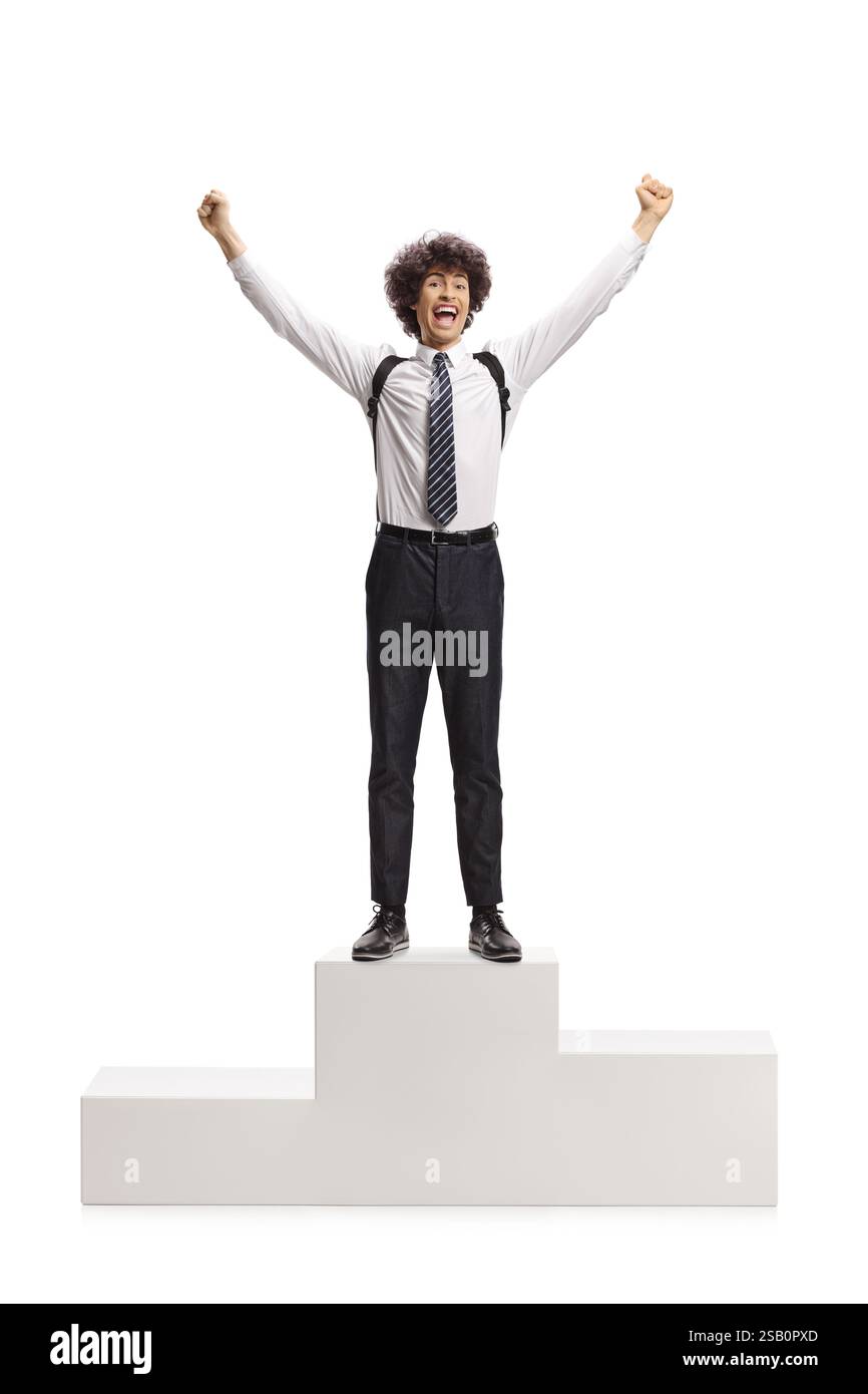 Happy college student on a winner pedestal isolated on white background ...