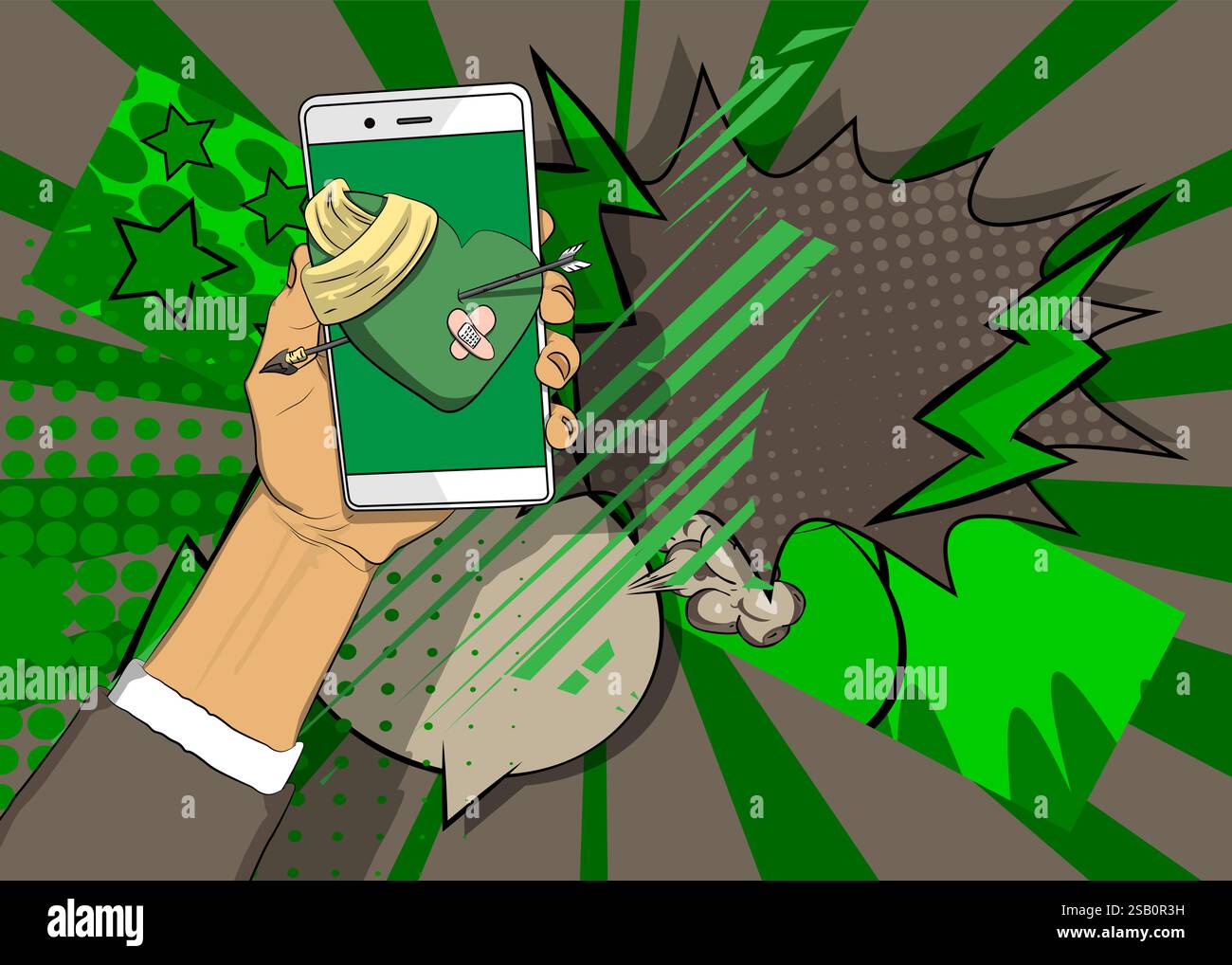 Cartoon Smartphone, comic book Telephone with Broken Heart. Retro ...