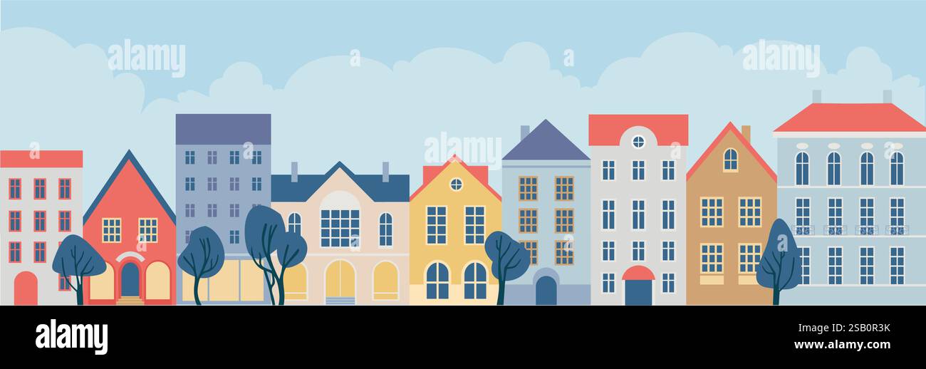 Cute vintage houses, city buildings. Cozy town panorama with home ...