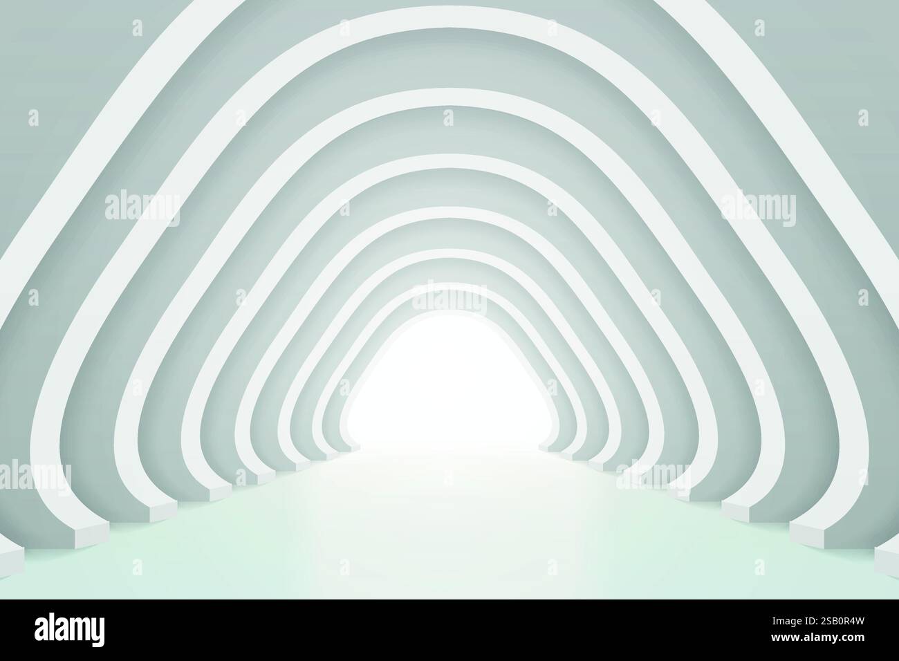 Futuristic white tunnel with curved arches, creating a clean, symmetrical abstract structure ...