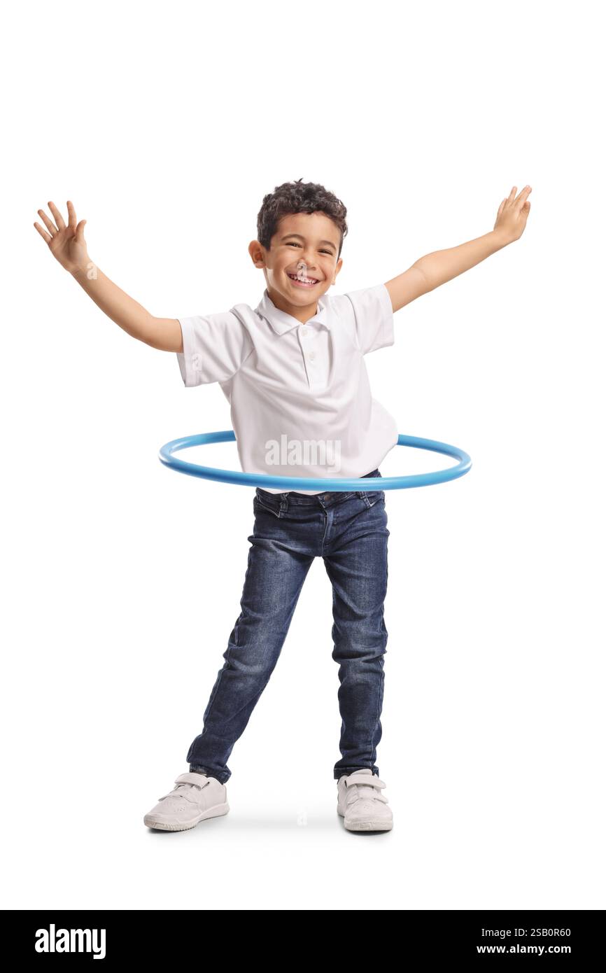 Cute little boy spinning a hula hoop isolated on white background Stock ...