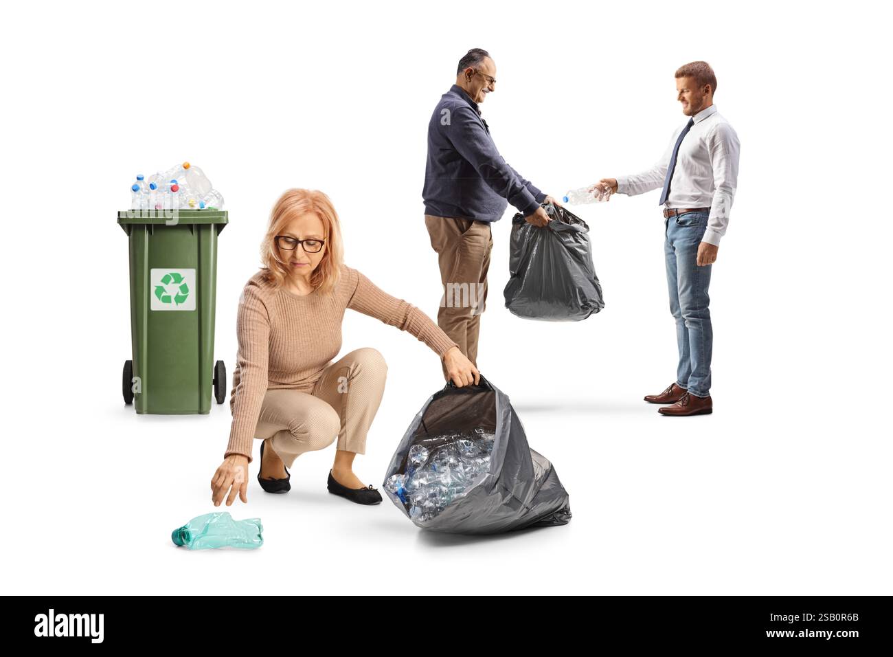 Woman picking up plastic bottles from the ground and men recycling ...