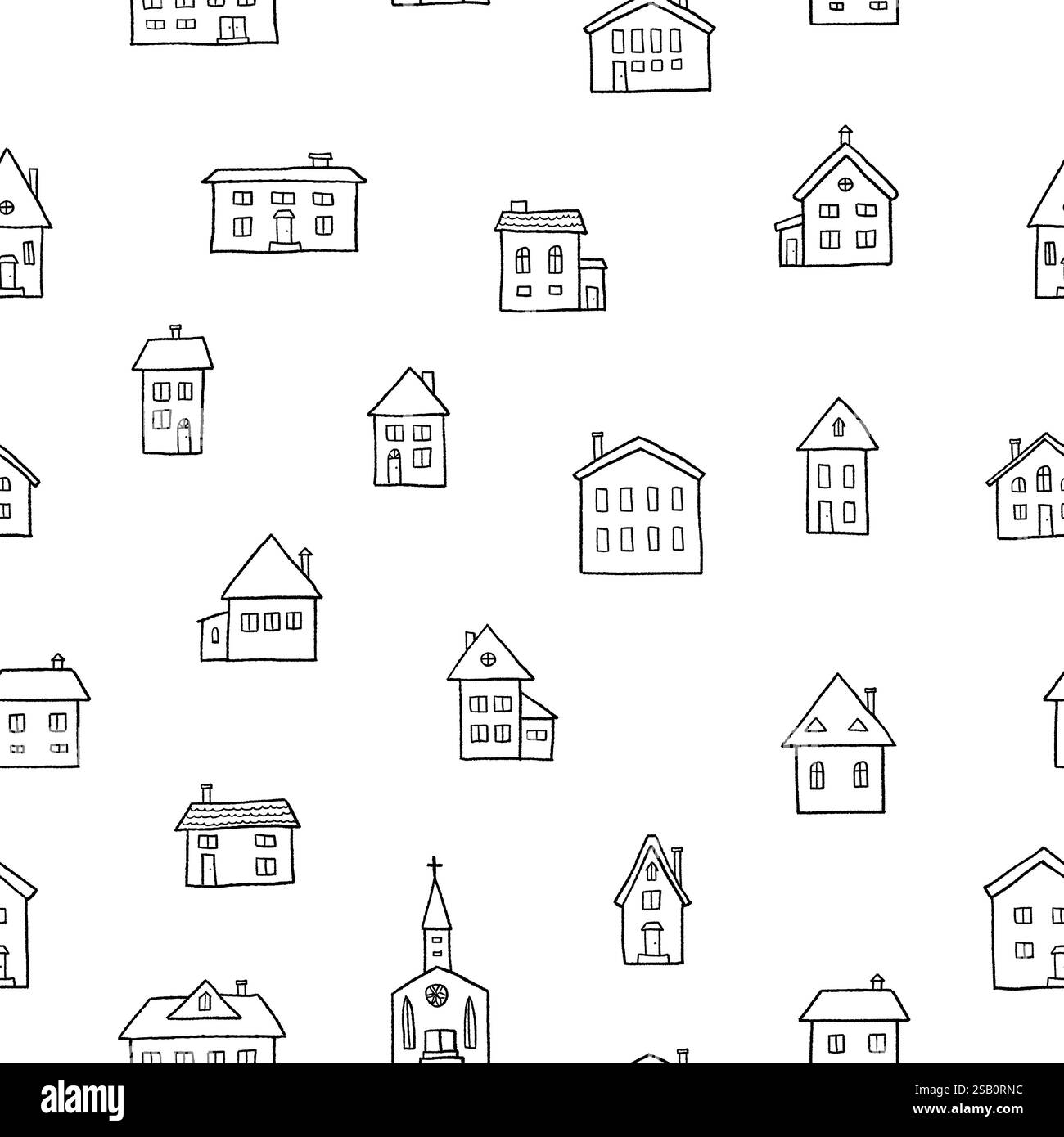 Hand drawn cartoon style home seamless pattern. Doodle black white ...