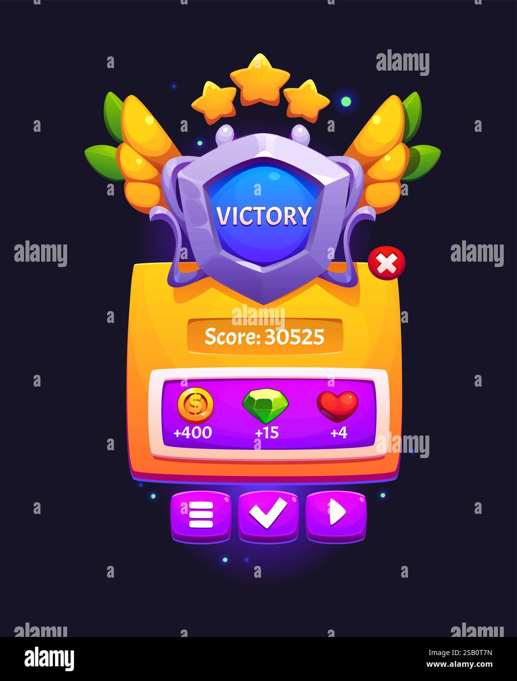 Victory game frame, gui interface screen showing score achieved and ...