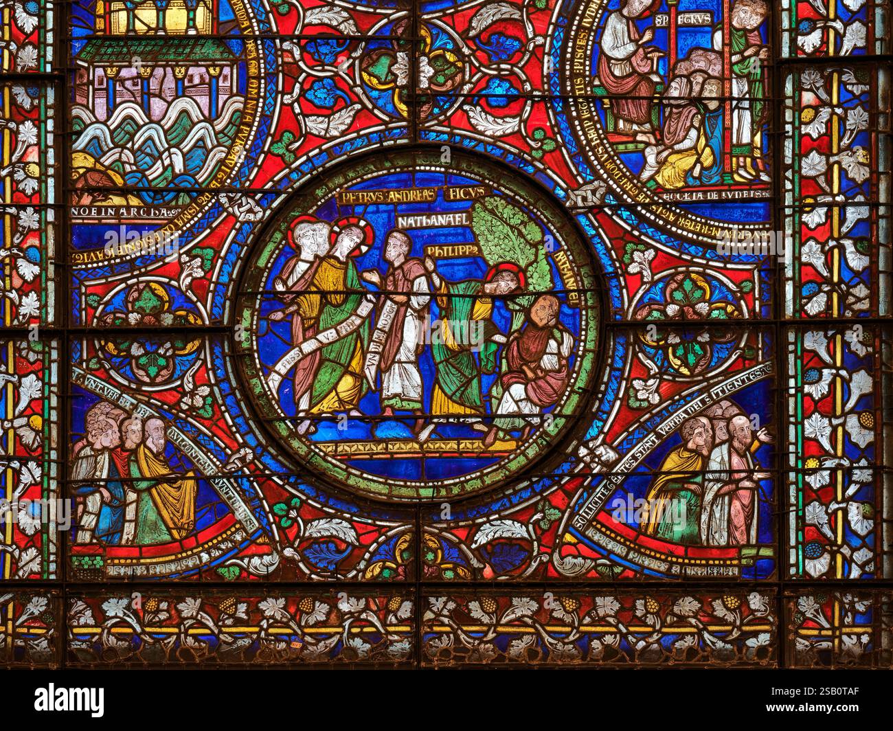 Medieval stained glass window (of Jesus Christ with his first disciples ...