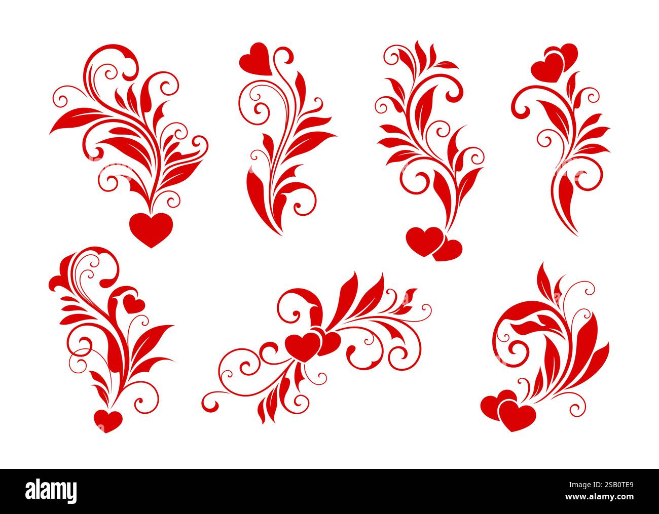 Heart flourish decorations of valentines day. Vector set of ornate red ...