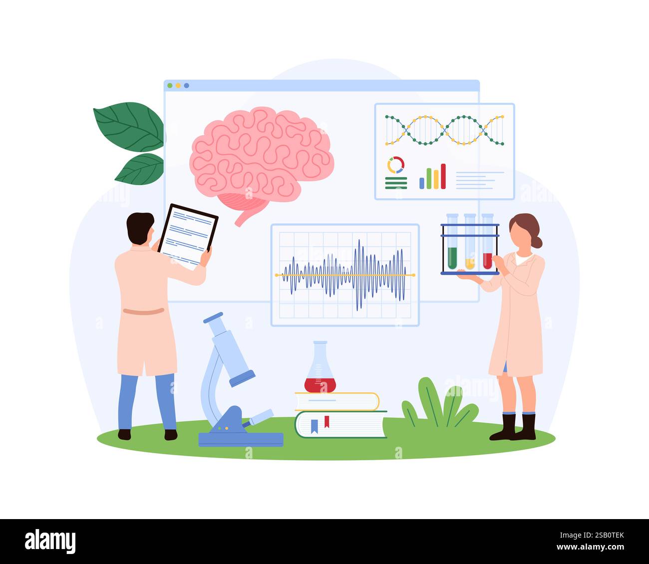 Tiny people conducting brain research, analyzing brain functions and genetics, exploring medical ...