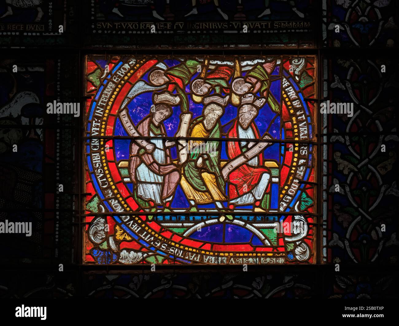 Medieval stained glass window, of three Old Testament prophets, in the ...