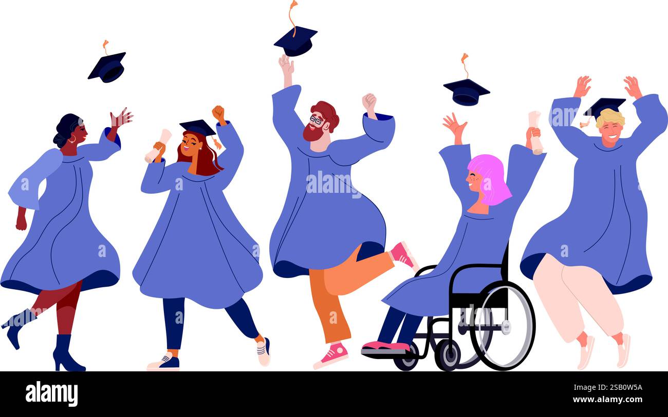 Group of happy graduated students wearing academic dress, gown or robe ...