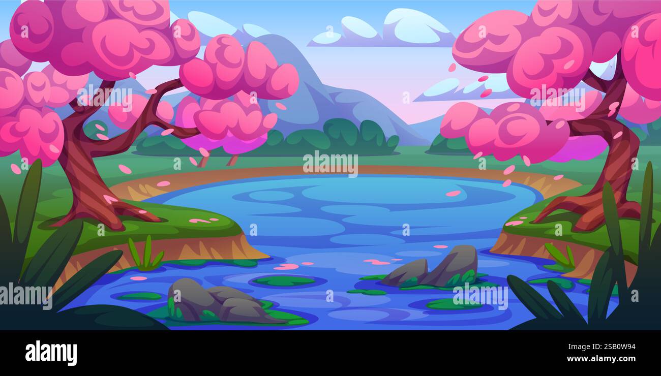 Japanese pond landscape with blooming sakura trees, falling pink petals ...