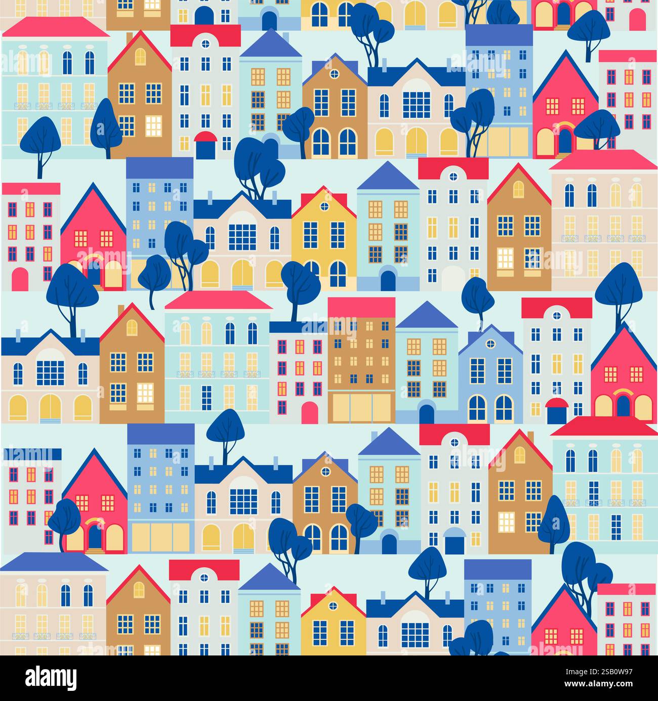Seamless town pattern. Endless background with cute small houses and ...