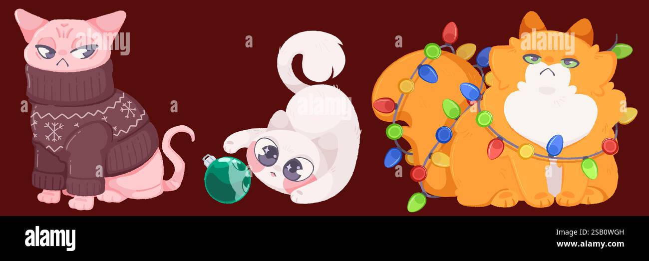 Moody Christmas cats set isolated on background. Vector cartoon ...
