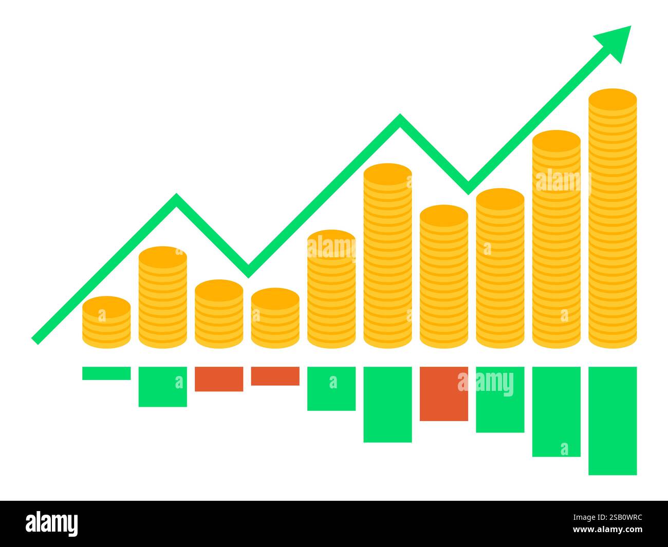 Arrow up and gold coins. Upward economic growth indicator. Growth and ...