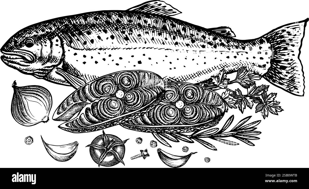 Trout, whole and sliced, with lemon and vegetables. A hand-drawn vector ...