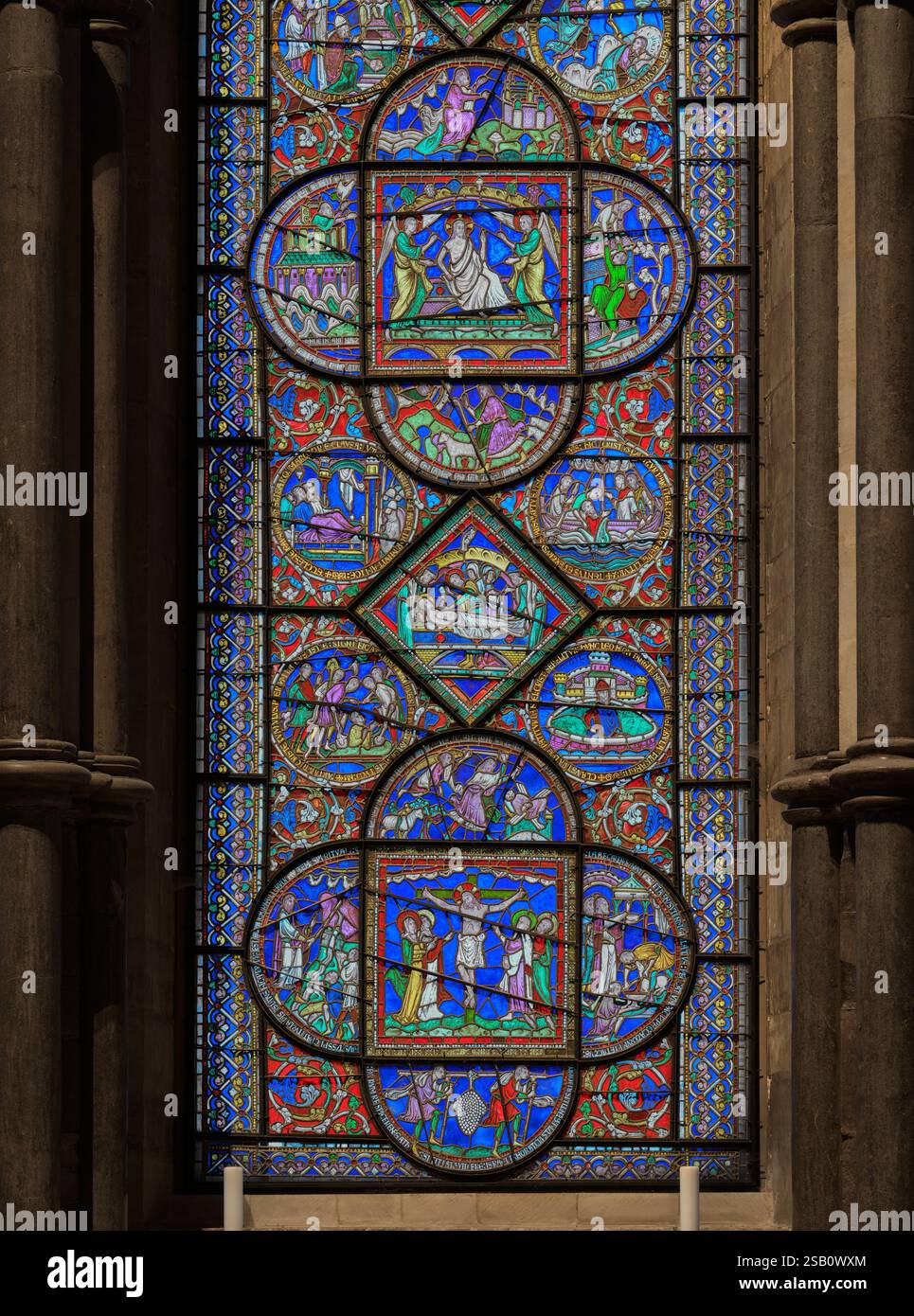 Medieval stained glass window, of the life of Jesus Christ, in the ...