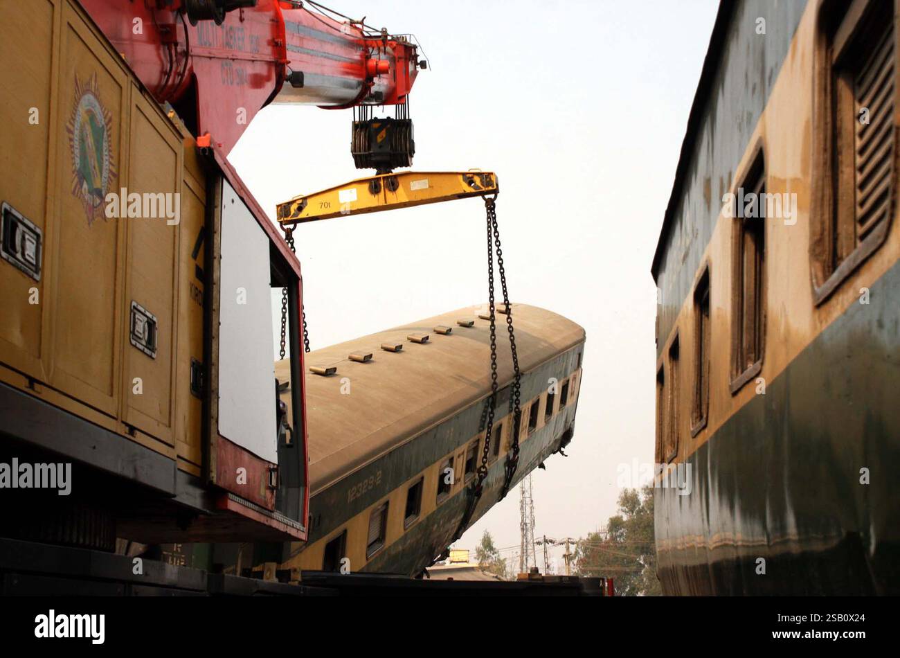 View of site after a train derailed as rescue operation is underway ...