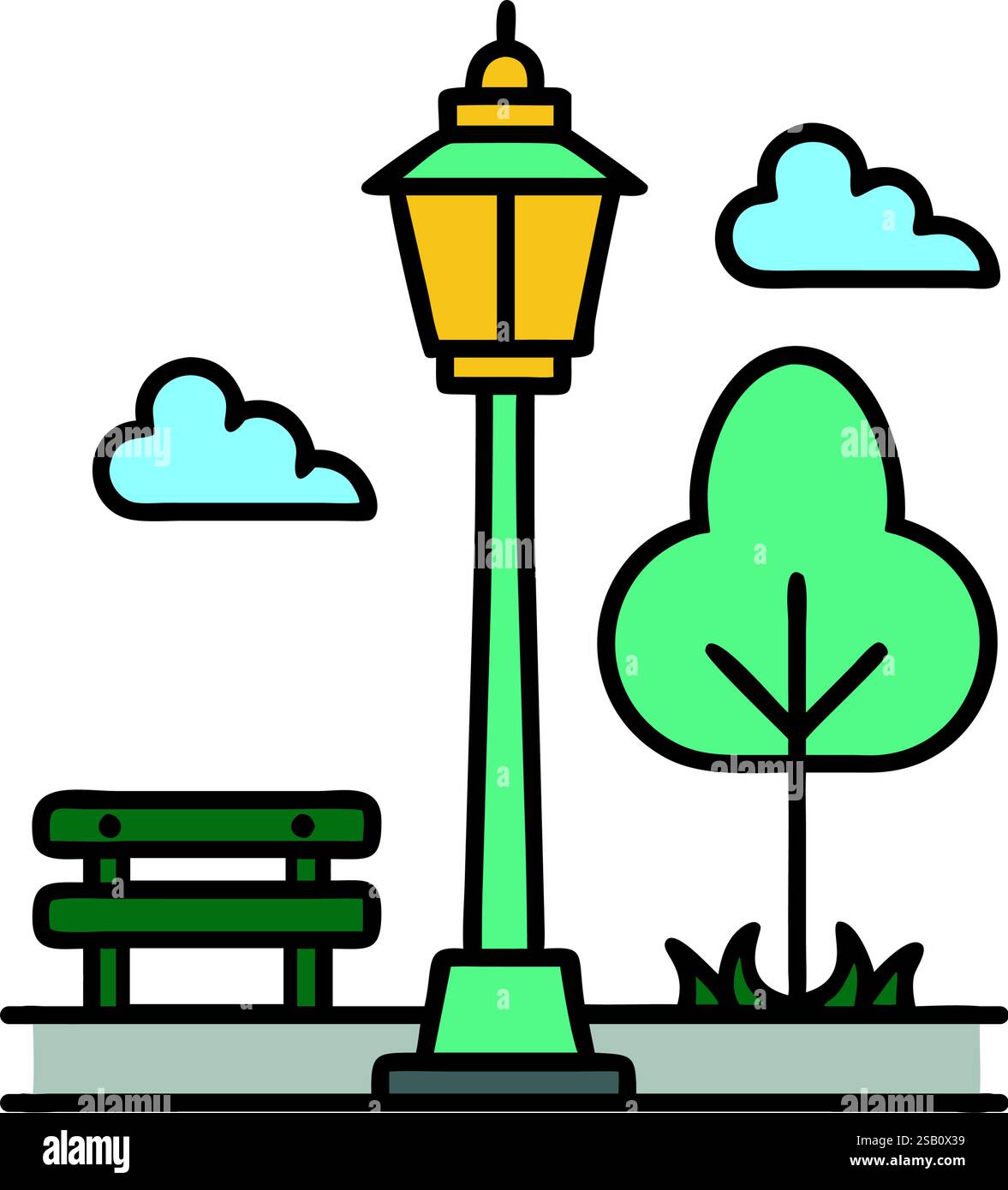Park street lamp with bench and trees illustration Stock Vector Image ...