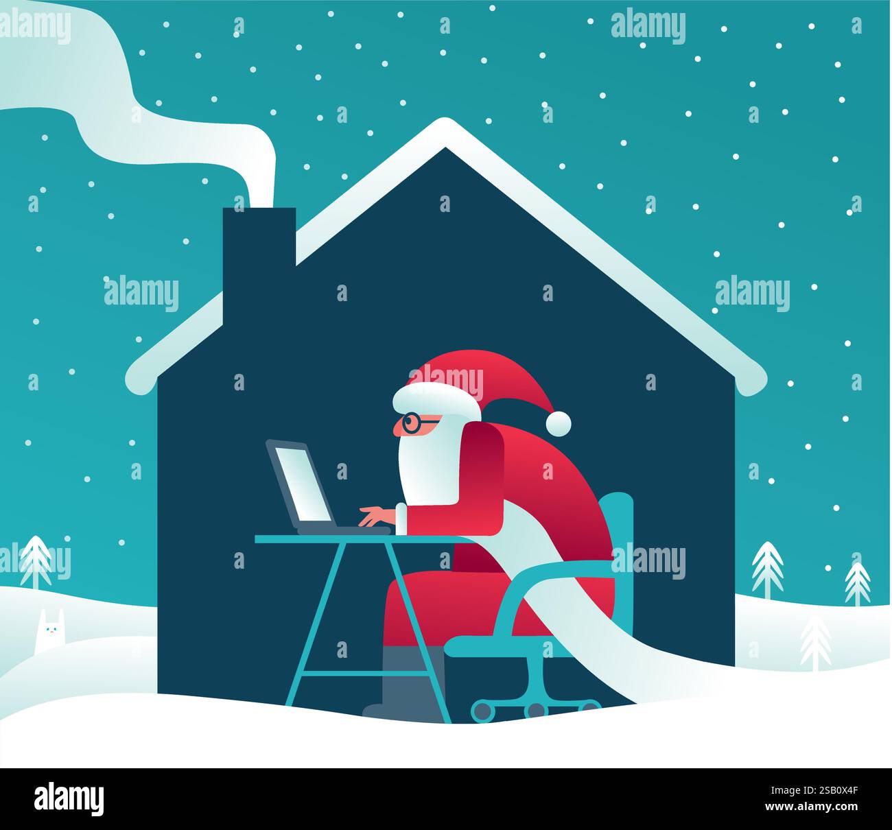 Santa Claus sitting at laptop computer in his workshop. Having video ...