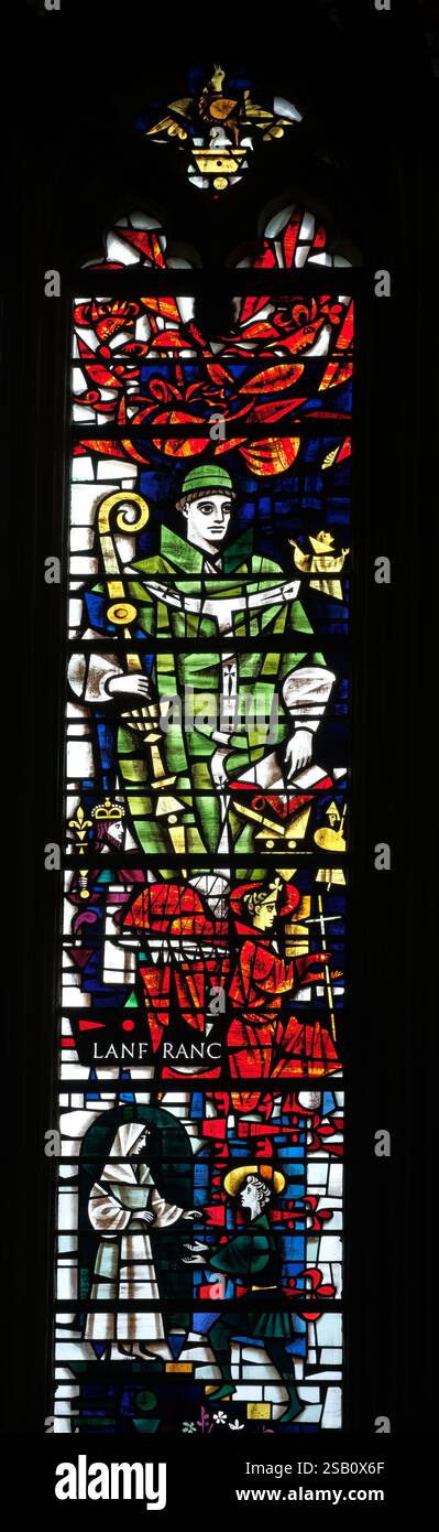 Modern stained glass window, of Lanfranc, in the christian cathedral at ...