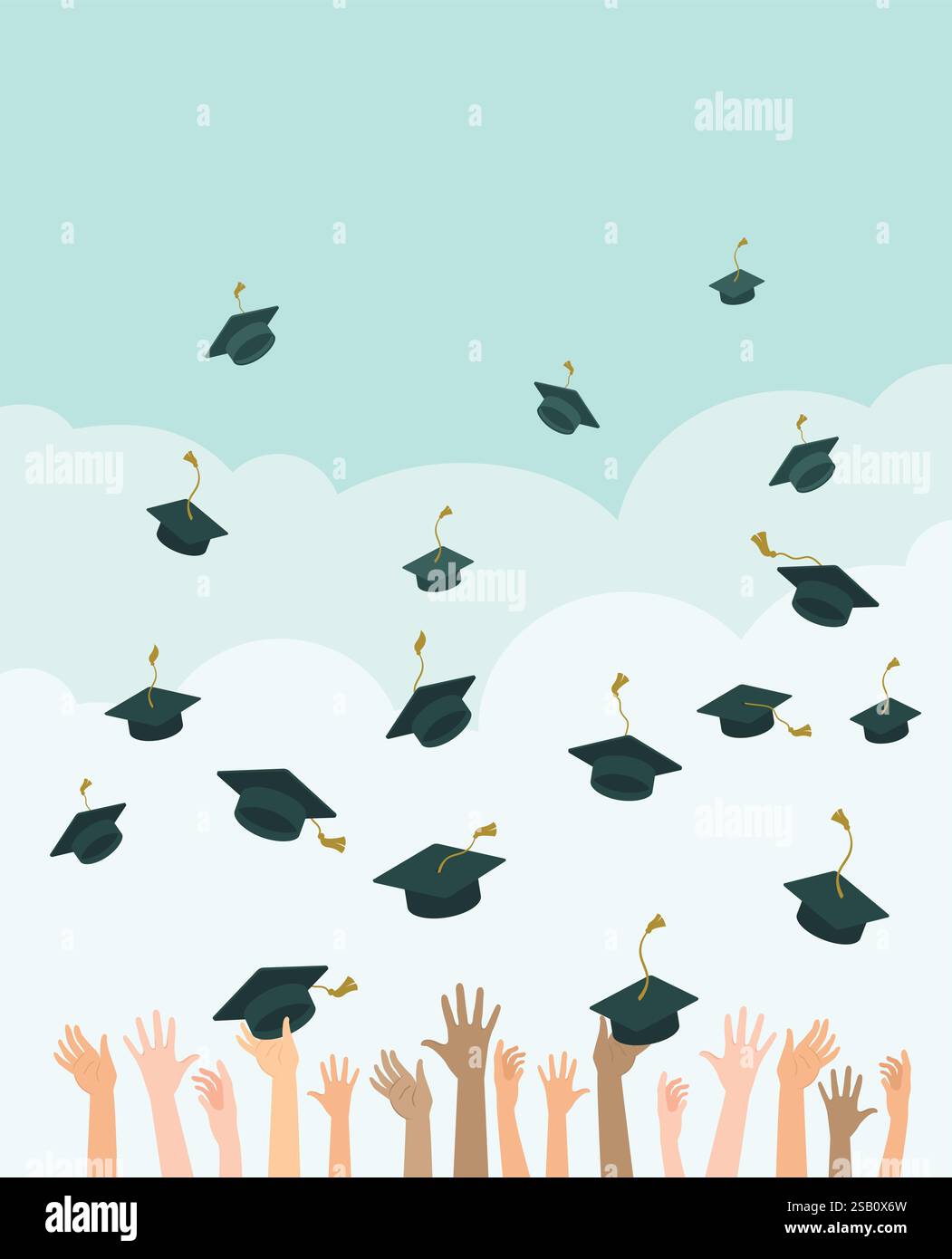 Multiracial people's hands throwing graduation hats in the air. Graduating students. Celebrate ...
