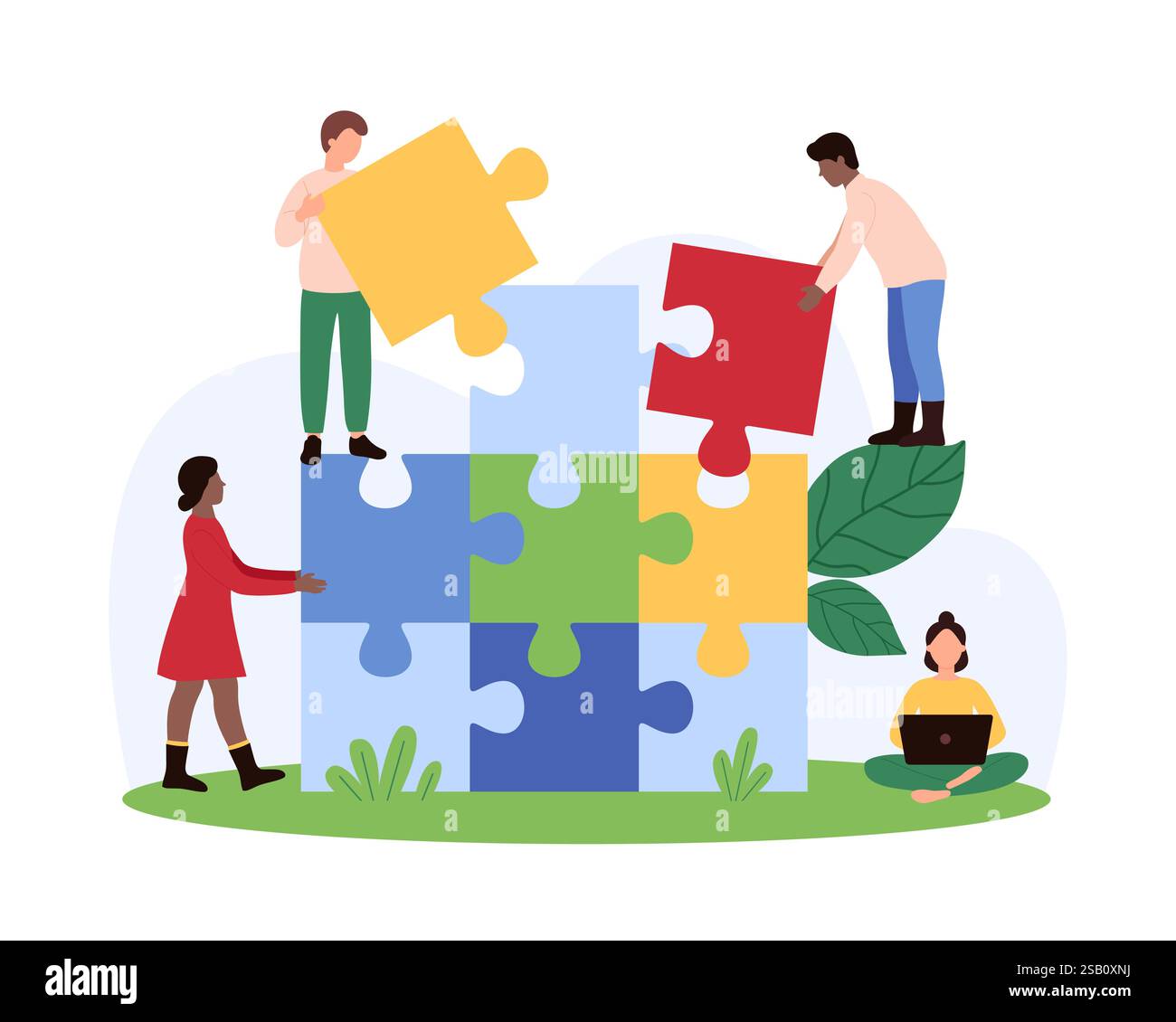 Tiny people assembling a puzzle structure representing teamwork, cooperation, and problem ...