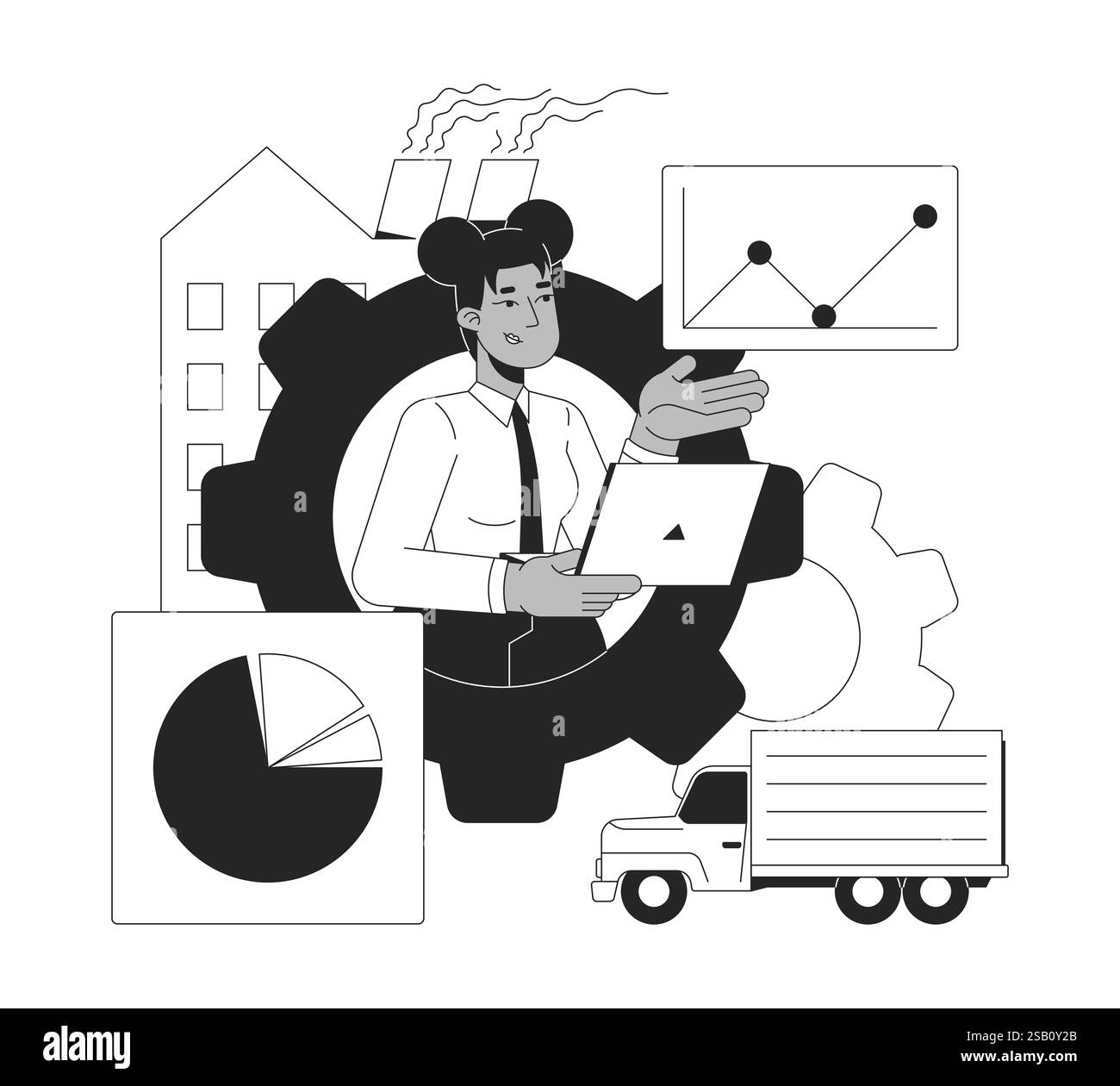 Black woman analyzing industrial and logistics data black and white 2D ...
