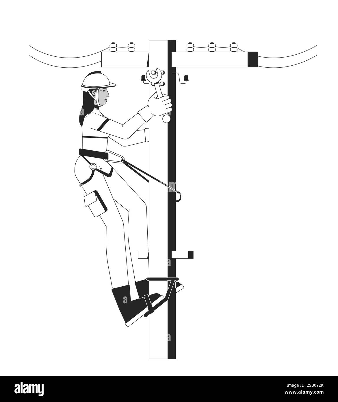 Female electrician repairing utility pole linear illustration Stock ...