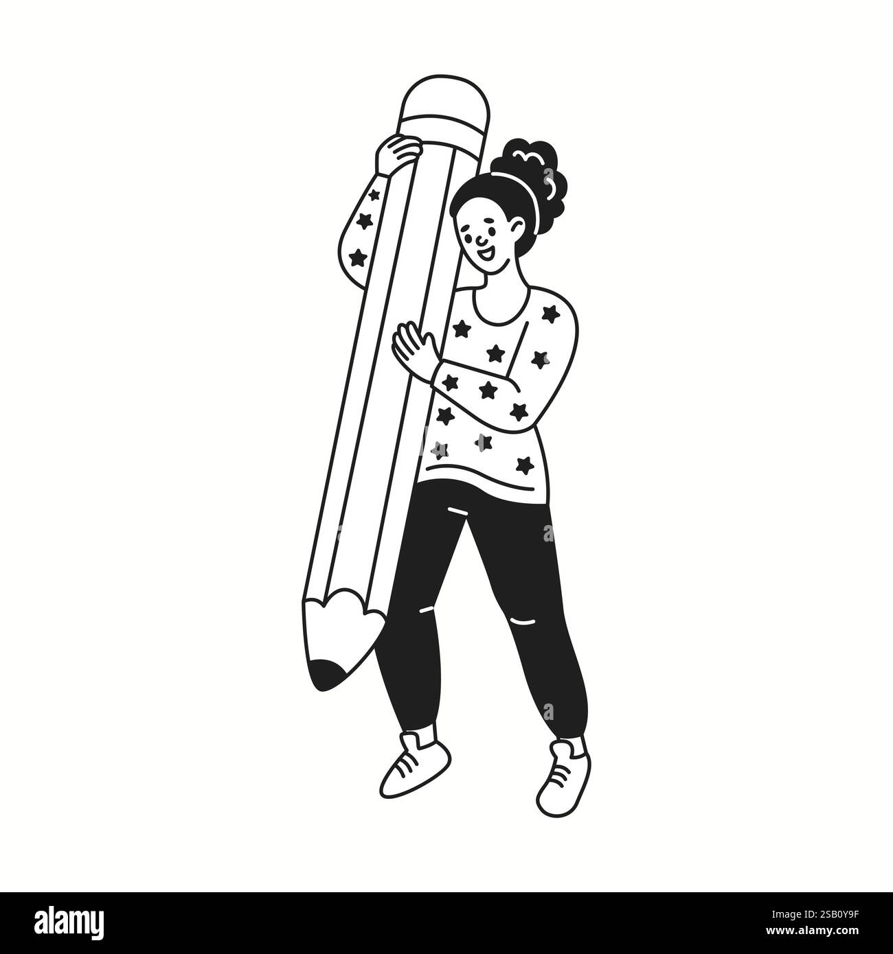 Smiling female jots down thoughts with big pencil linear icon. Woman ...