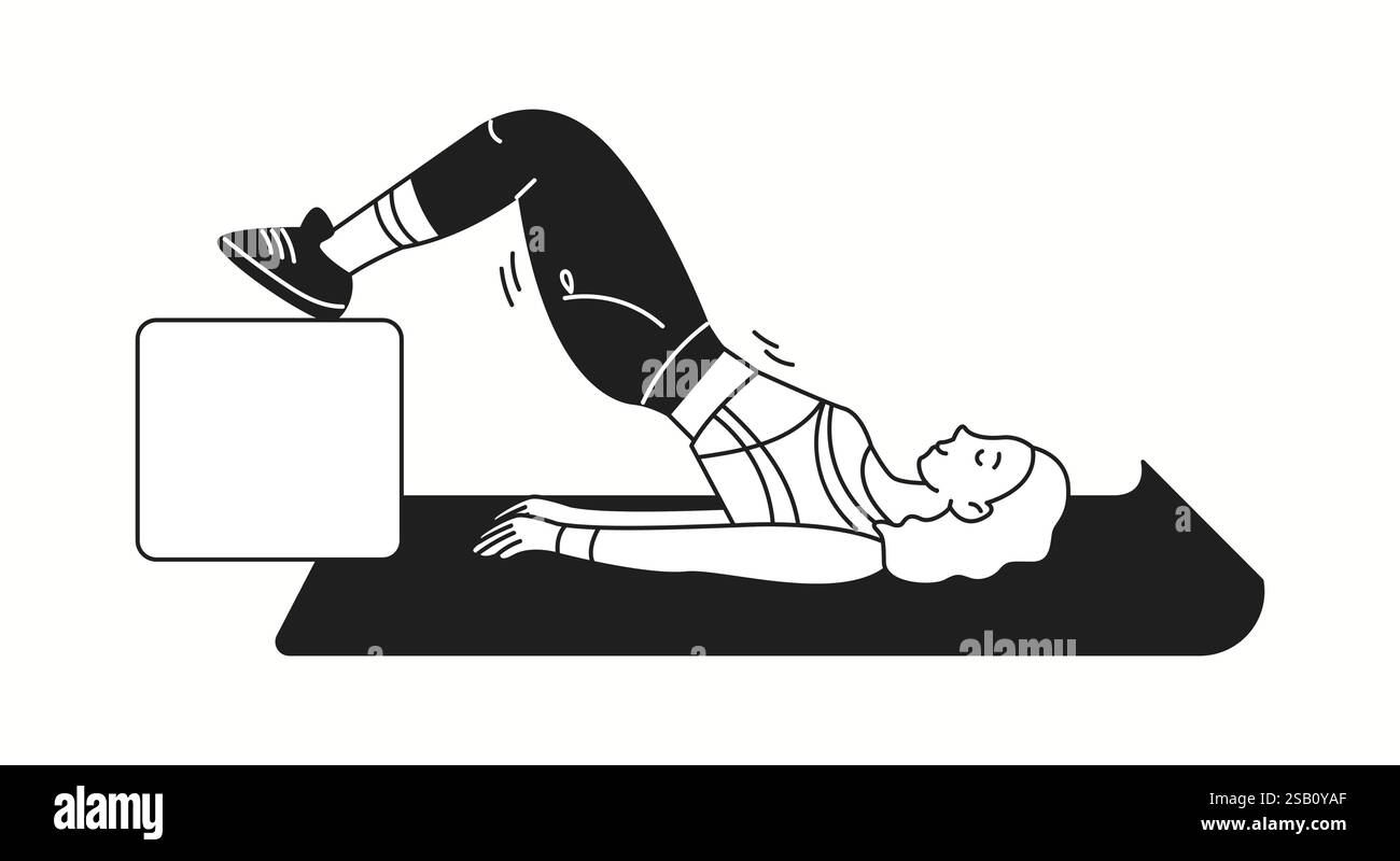 Woman athlete performs bridge exercise using box linear icon. Lady ...
