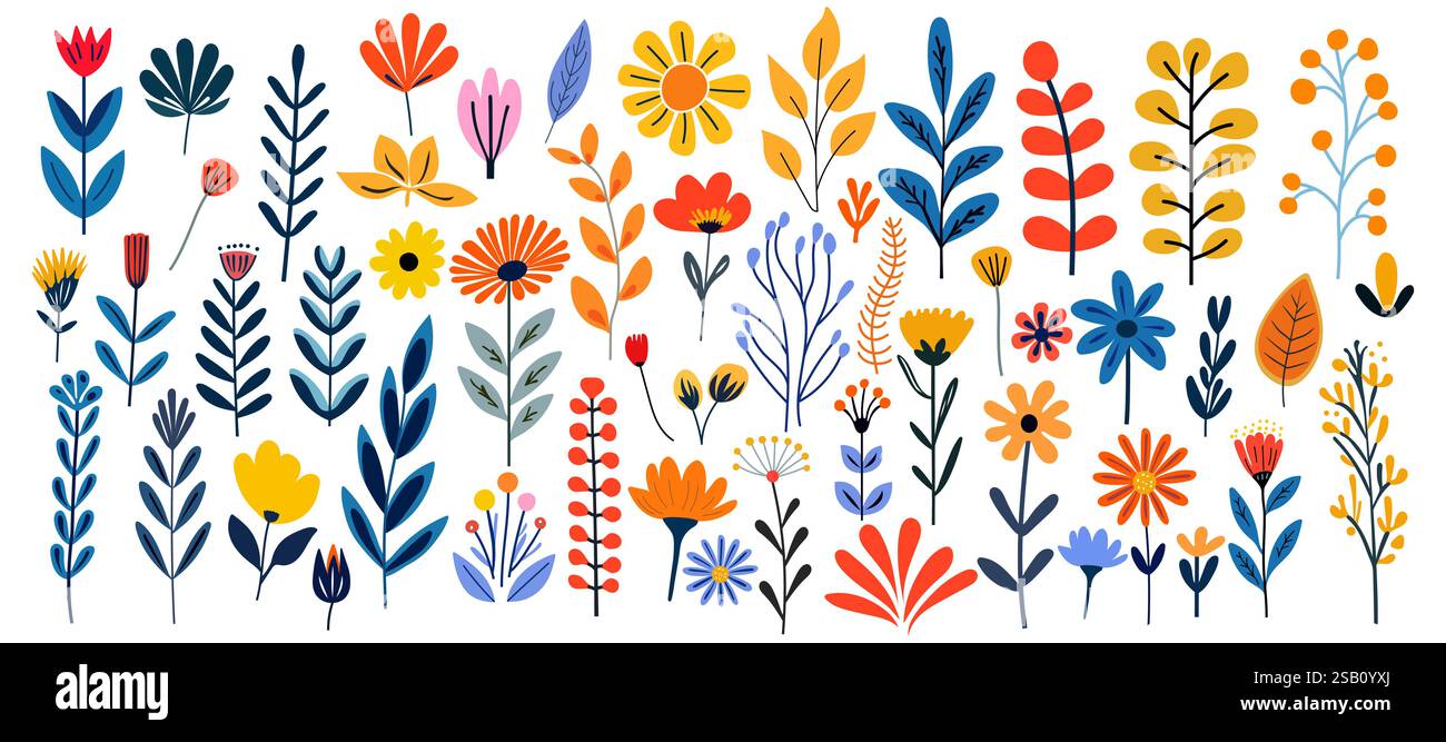Abstract Hand drawn wildflowers, set flowers and leaves, flat icons ...