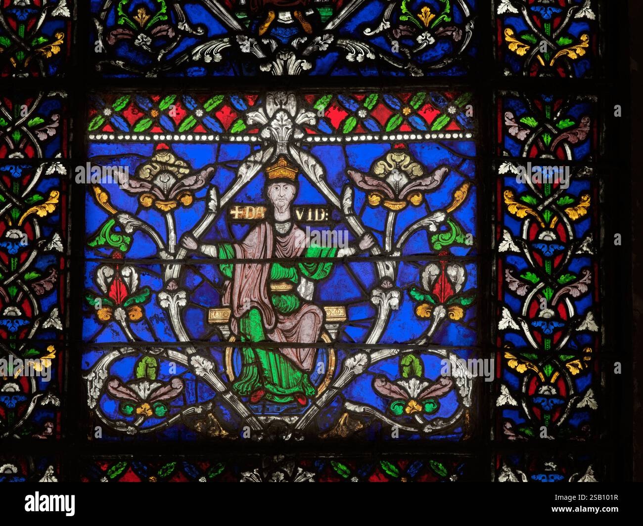 Medieval stained glass window, featuring the jewish king David, in the ...