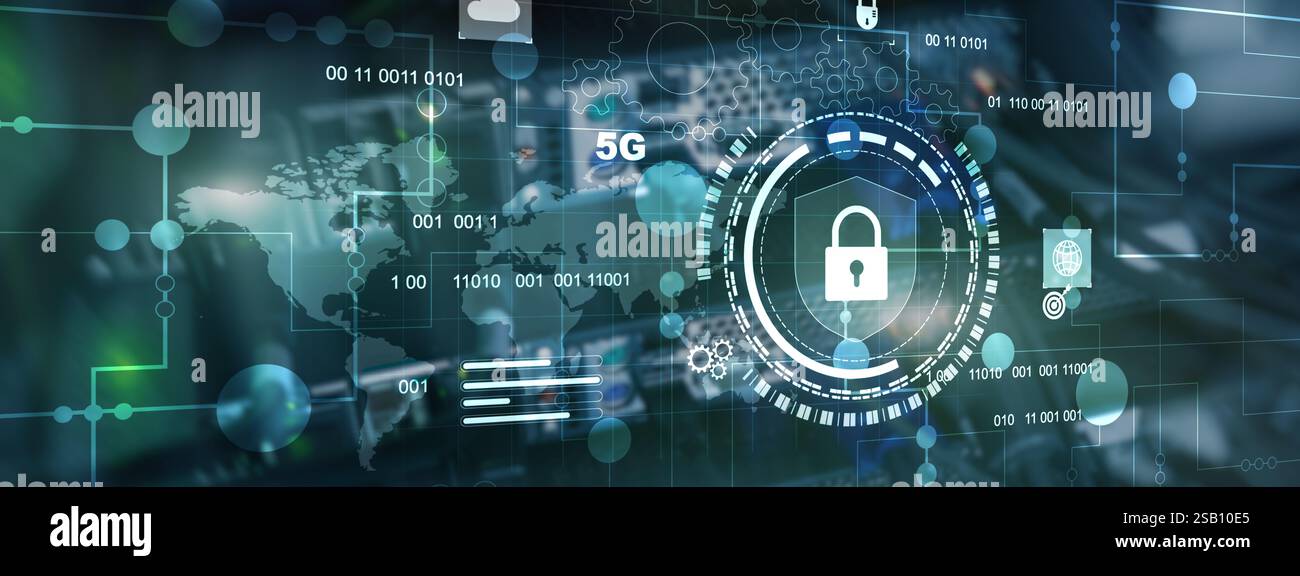 Cyber protection shield icon on server room background. Information ...