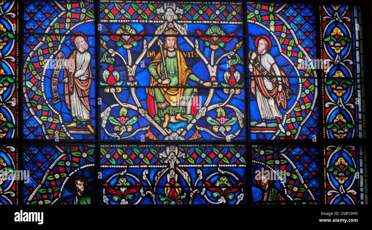 Medieval stained glass window, featuring the jewish king David, in the ...