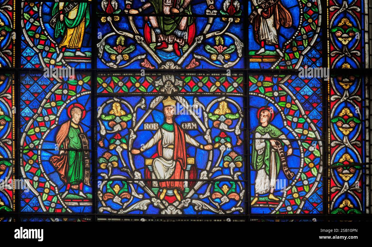 Medieval stained glass window, featuring the jewish king Roboam, in the ...