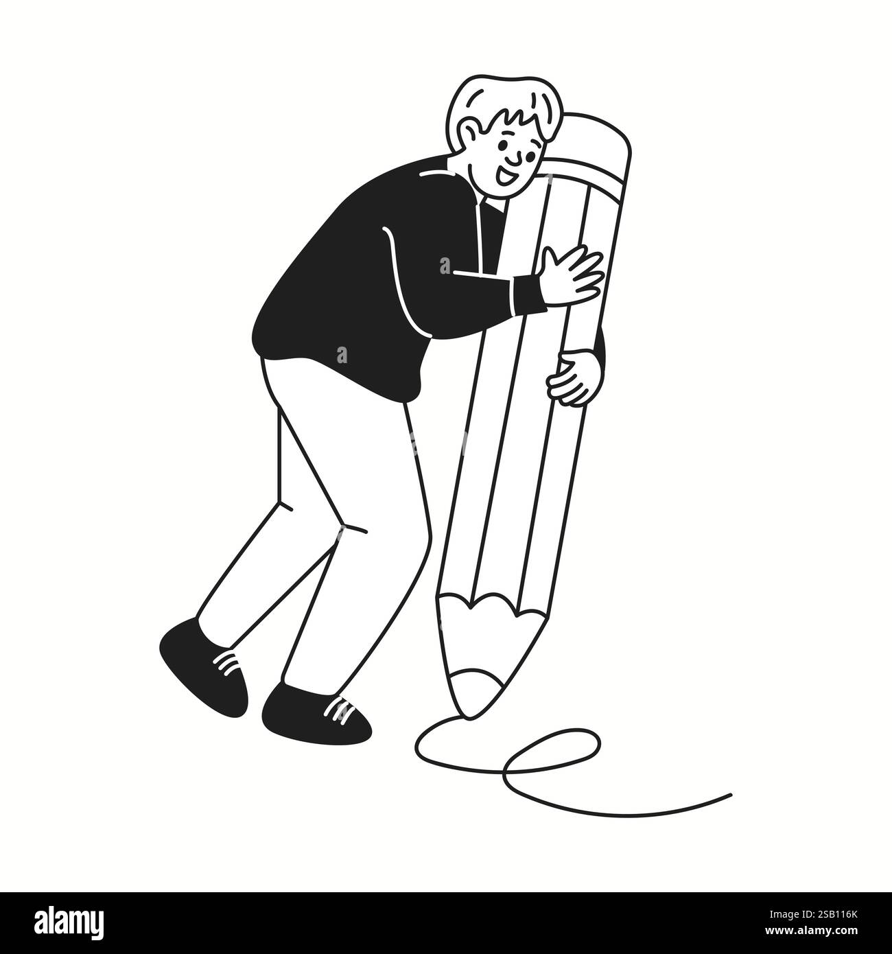 Man uses massive pencil to draw spiral line linear icon. Male ...