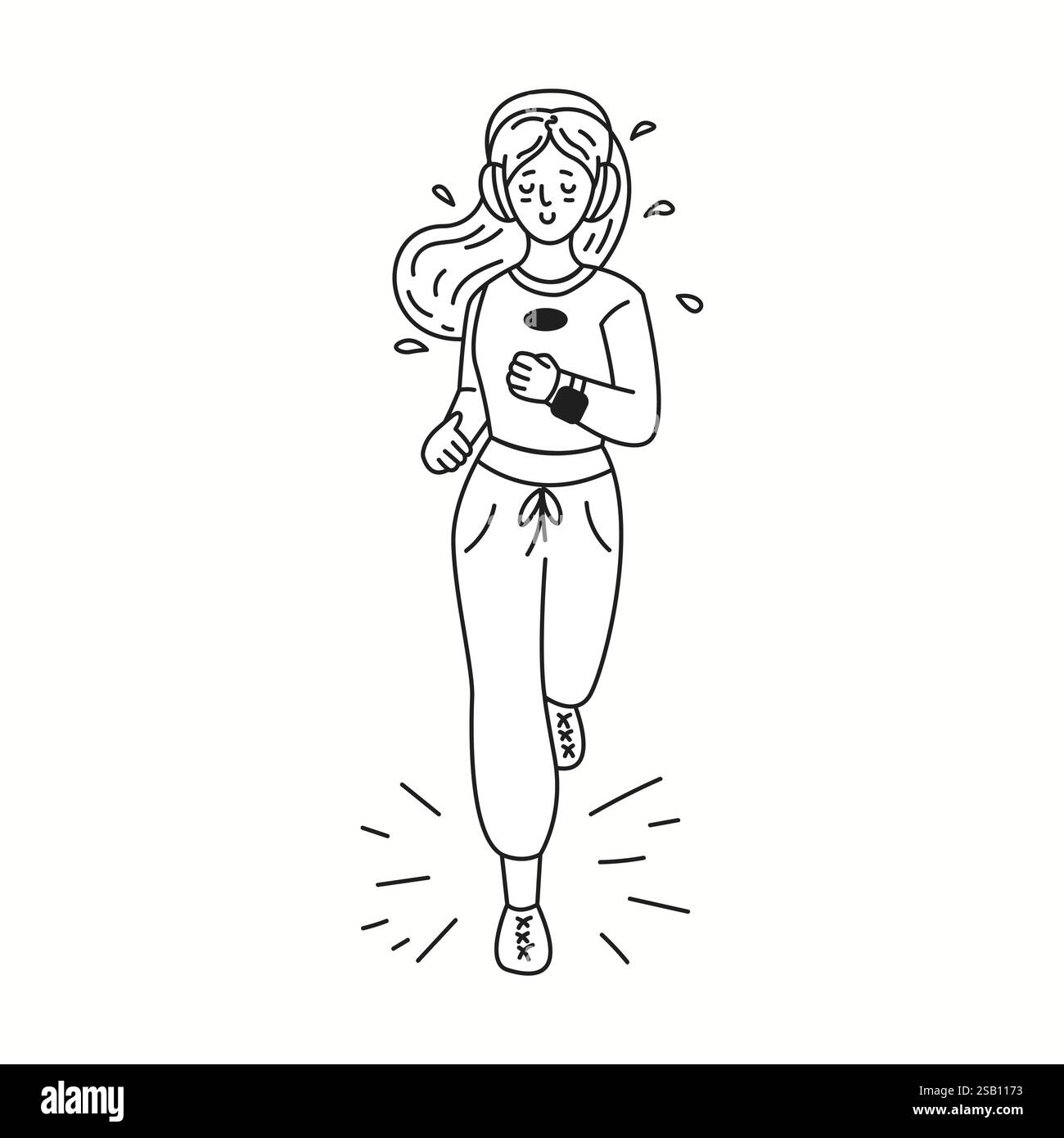 Young woman in headphones enjoys jogging linear icon. Lady athlete ...