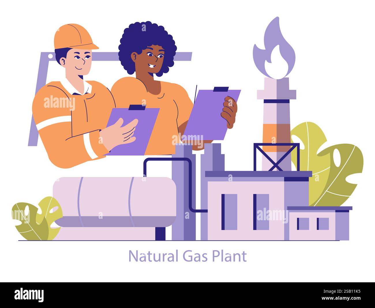 Oil and Gas Industry concept. Workers inspecting with clipboards at a ...