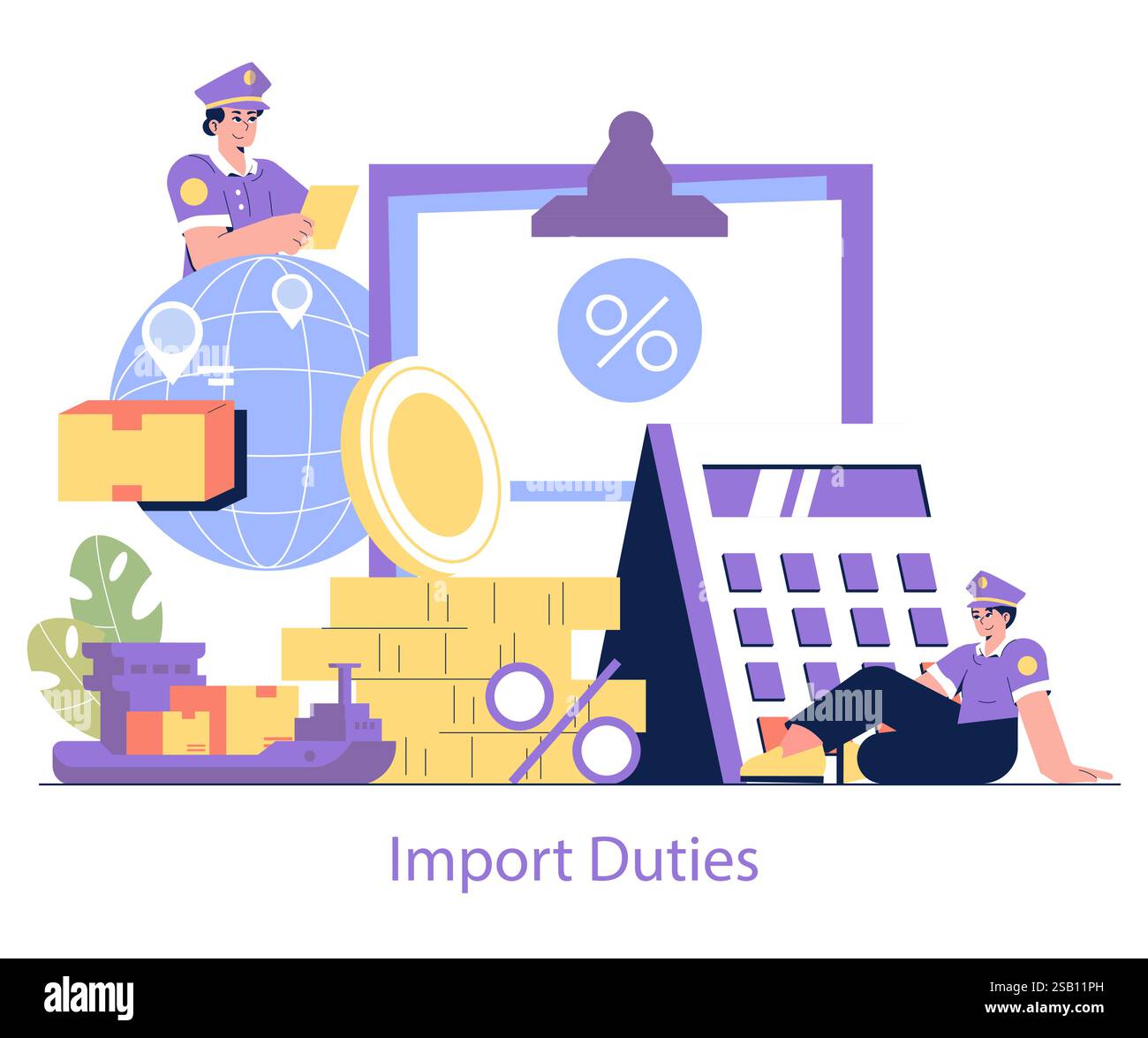 Customs Tariffs concept. International trade and import duties visualization featuring officers ...