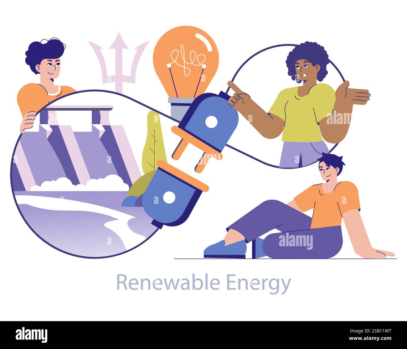 Hydropower concept. Illustration of people engaging with elements ...