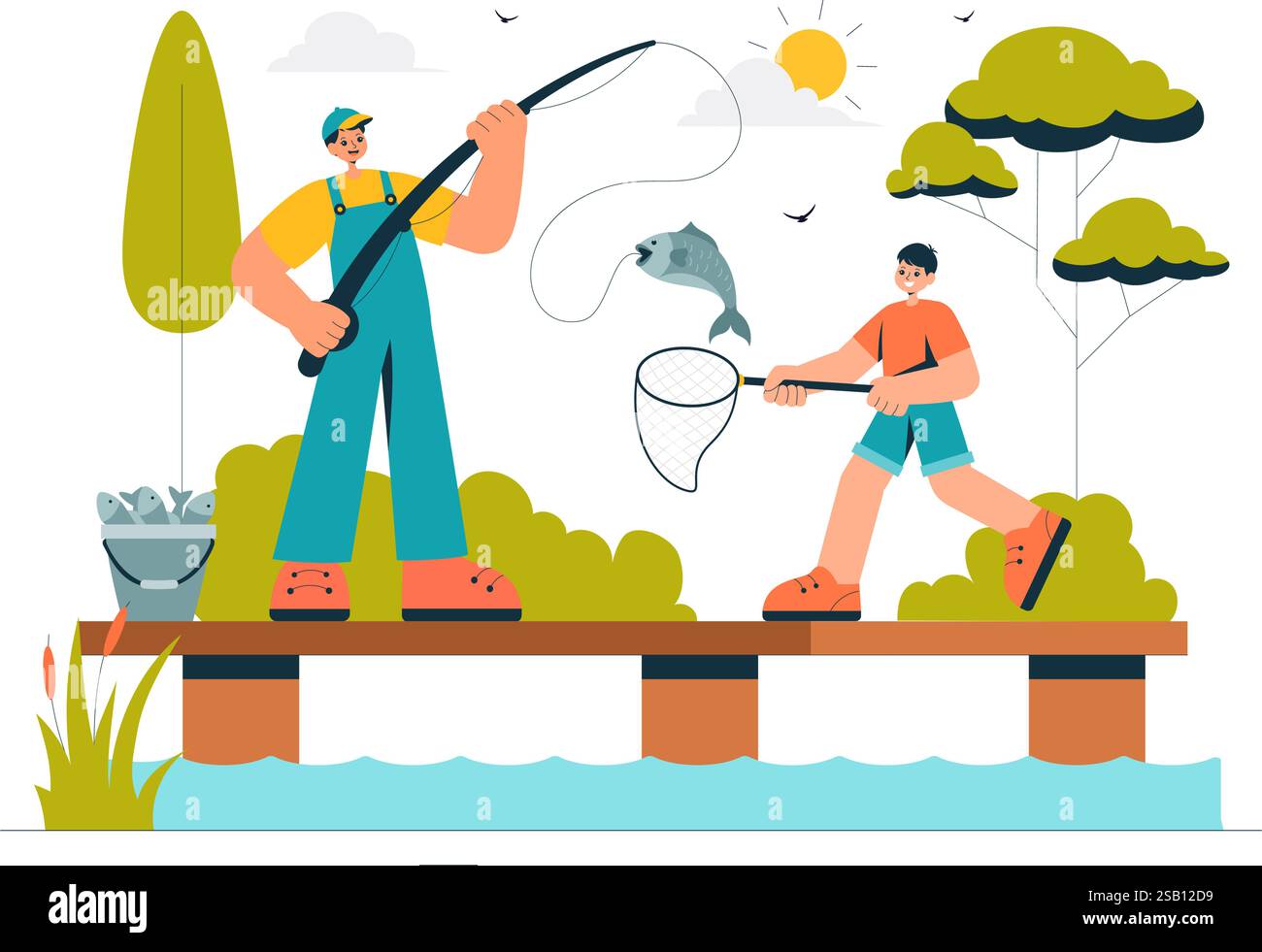 Fishing Leisure Vector Illustration featuring a Fishing Experience with ...