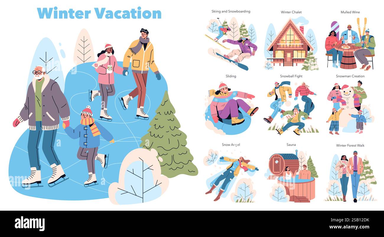 Winter vacation illustration. Enjoy various winter activities with ...