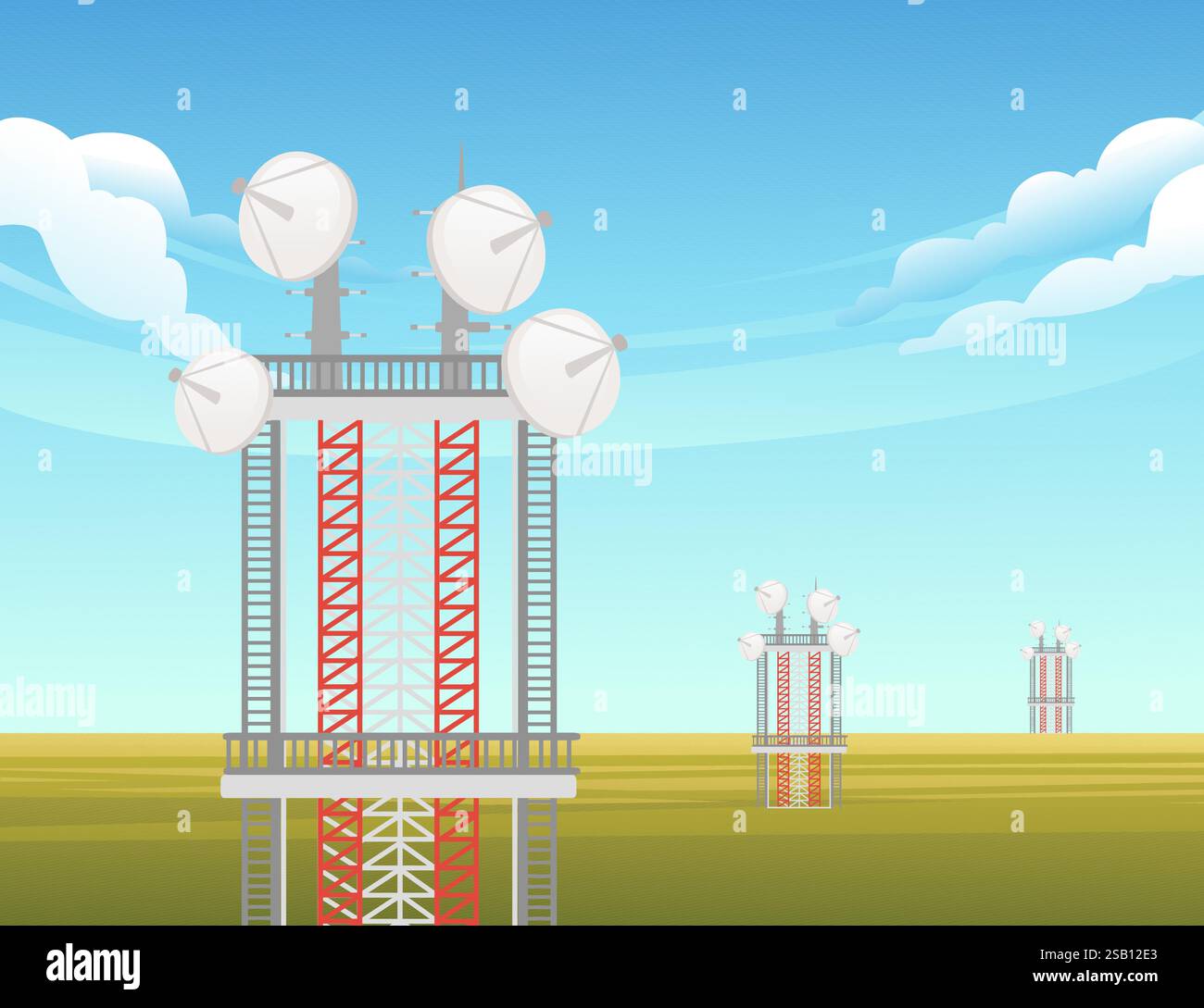 Radio tower equipped with multiple satellite dishes. Communication ...